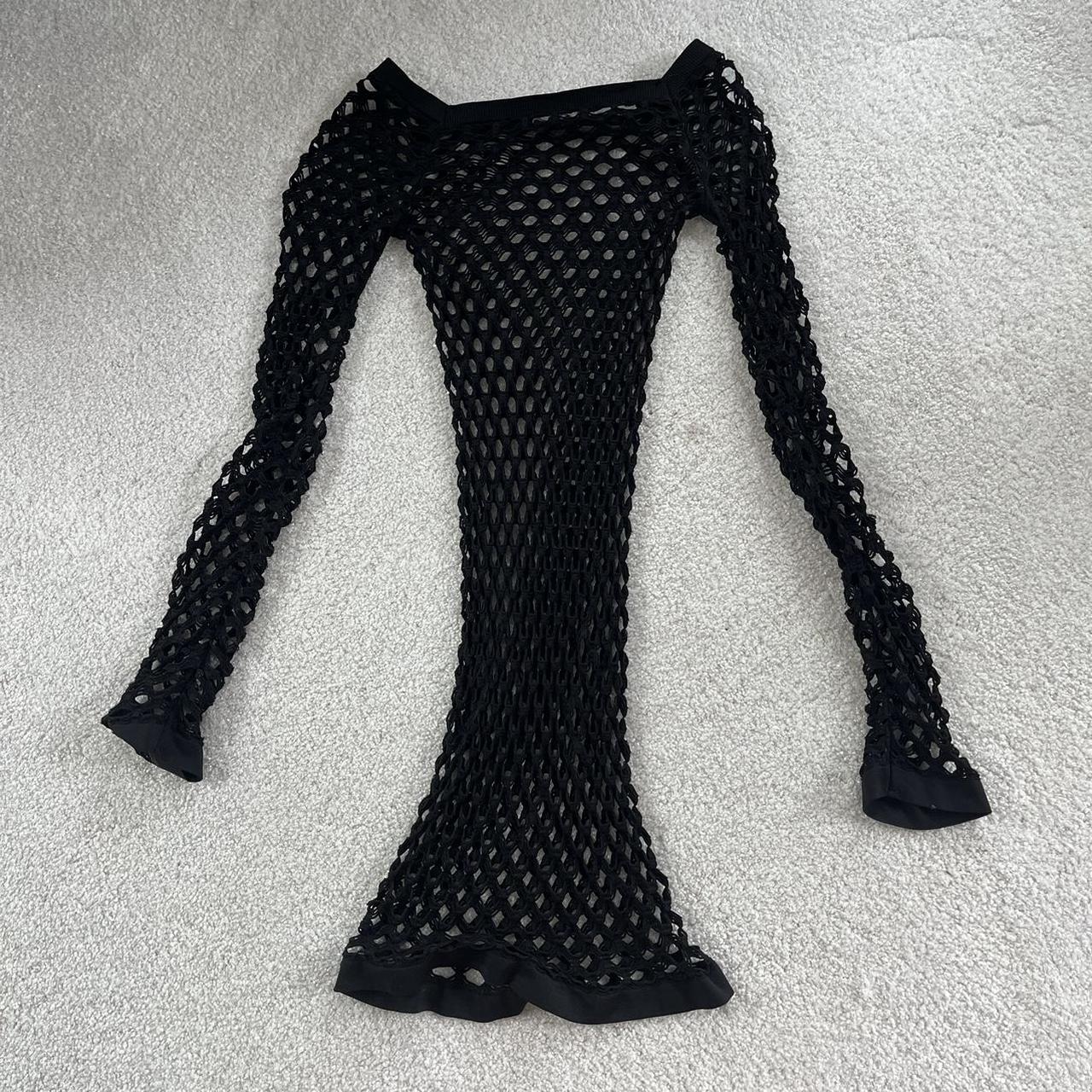 black fishnet bodycon mini dress with long sleeves... - Depop