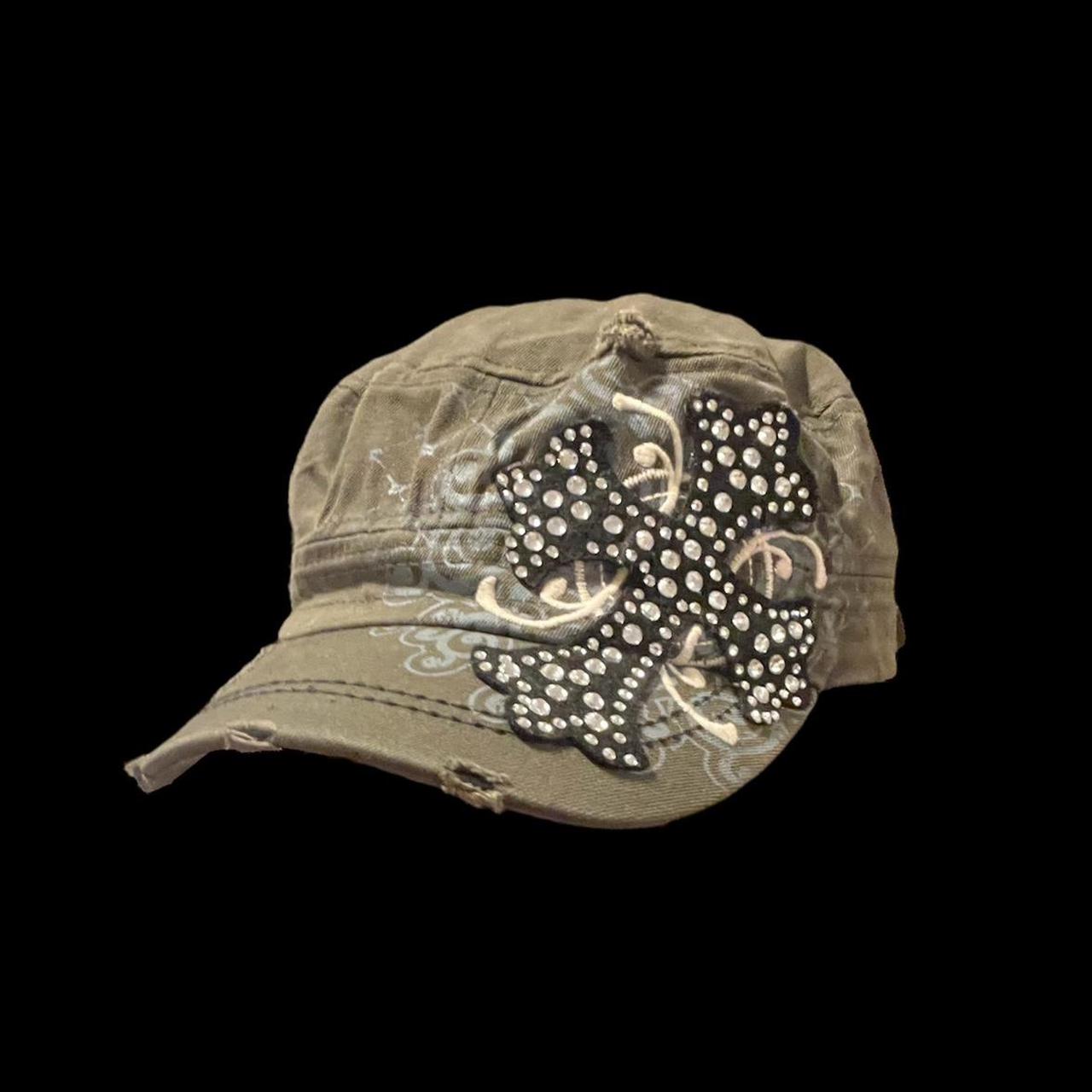 Tan and white camo cap with rhinestone cross... - Depop