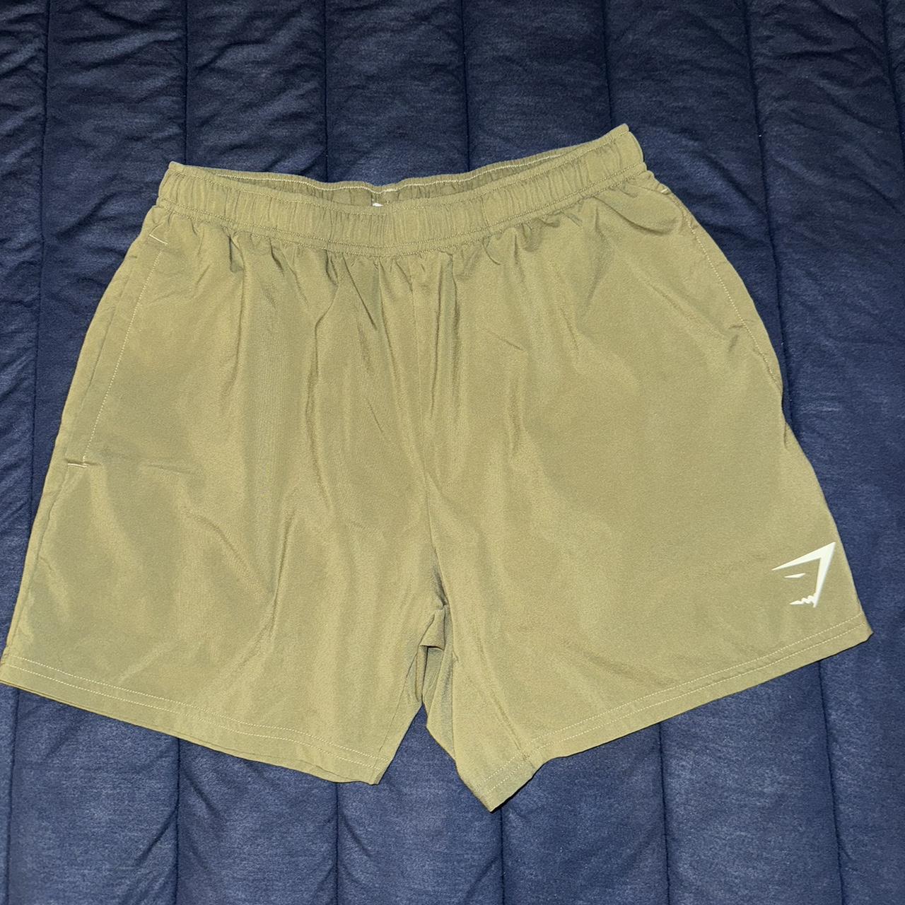 GYMSHARK Men’s Olive Green gym shorts - Size:... - Depop
