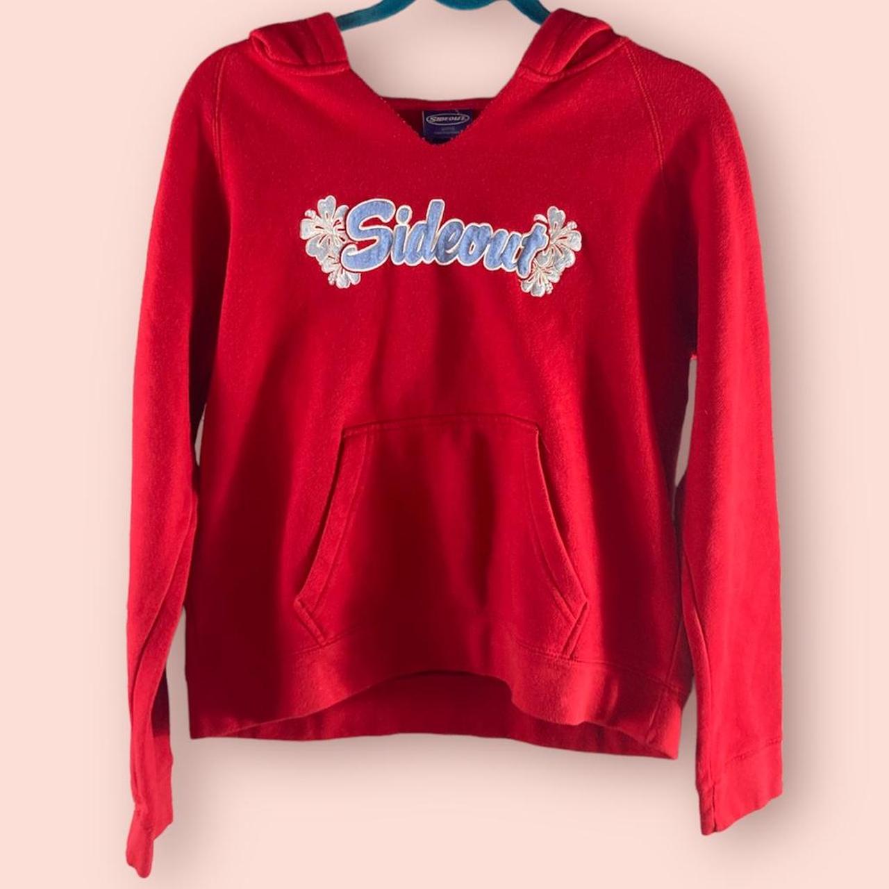 Vintage 90s Y2K red and light blue logo v-neck... - Depop