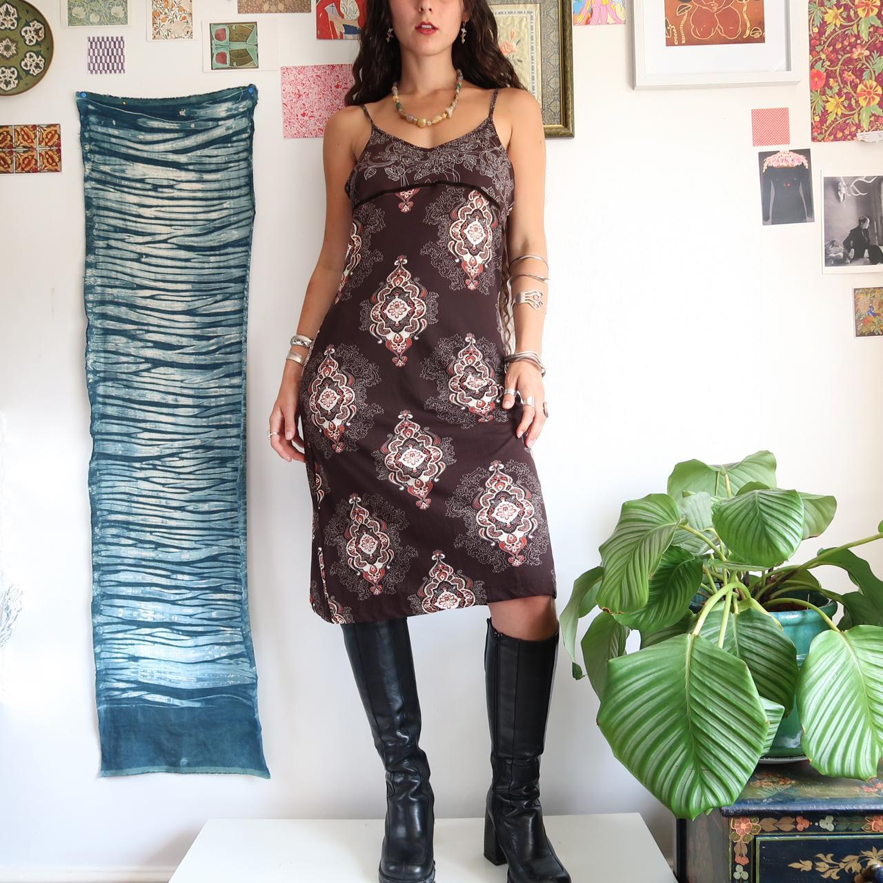 Vintage brown boho pattern silky feel midi... - Depop