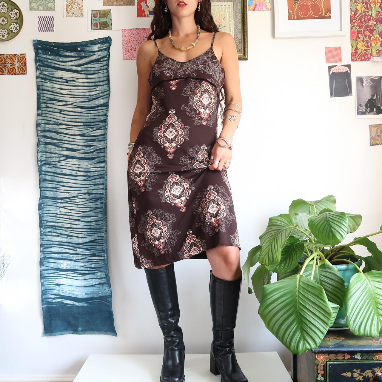 Vintage brown boho pattern silky feel midi... - Depop
