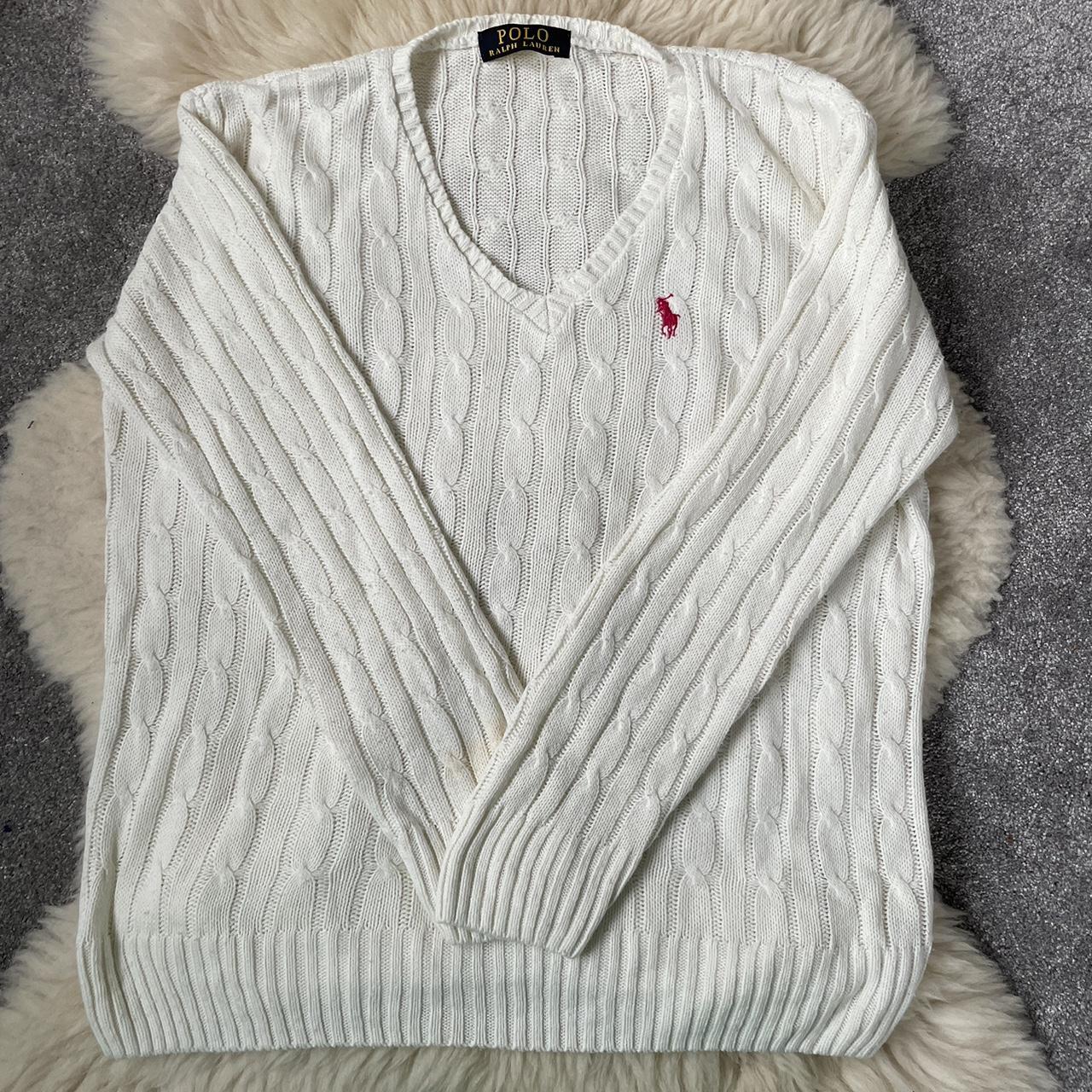 Ralph Lauren cable knit jumper White with pink... - Depop