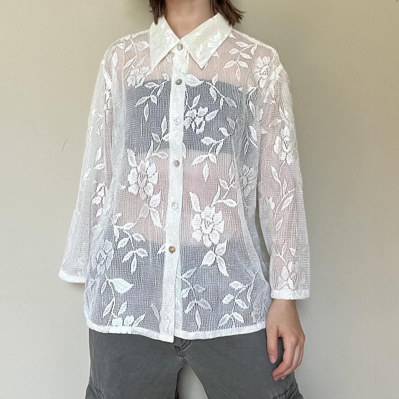 SHEER LACE BUTTON UP vintage floral collared long... - Depop
