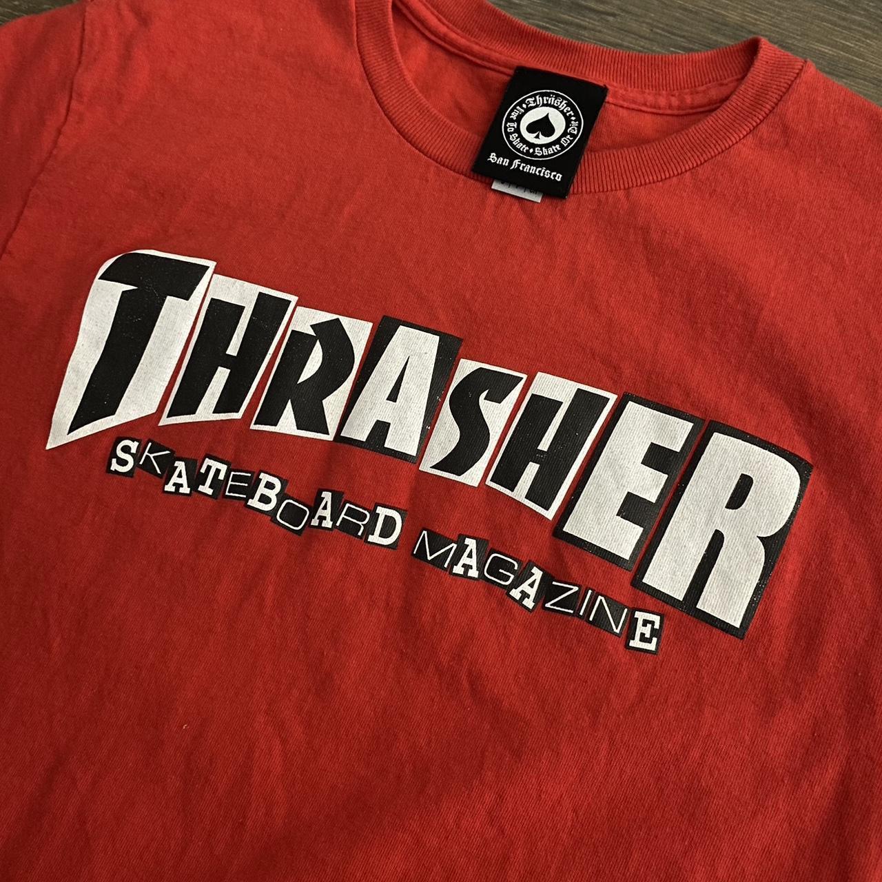red thrasher skateboard magazine zumiez tee worn... - Depop
