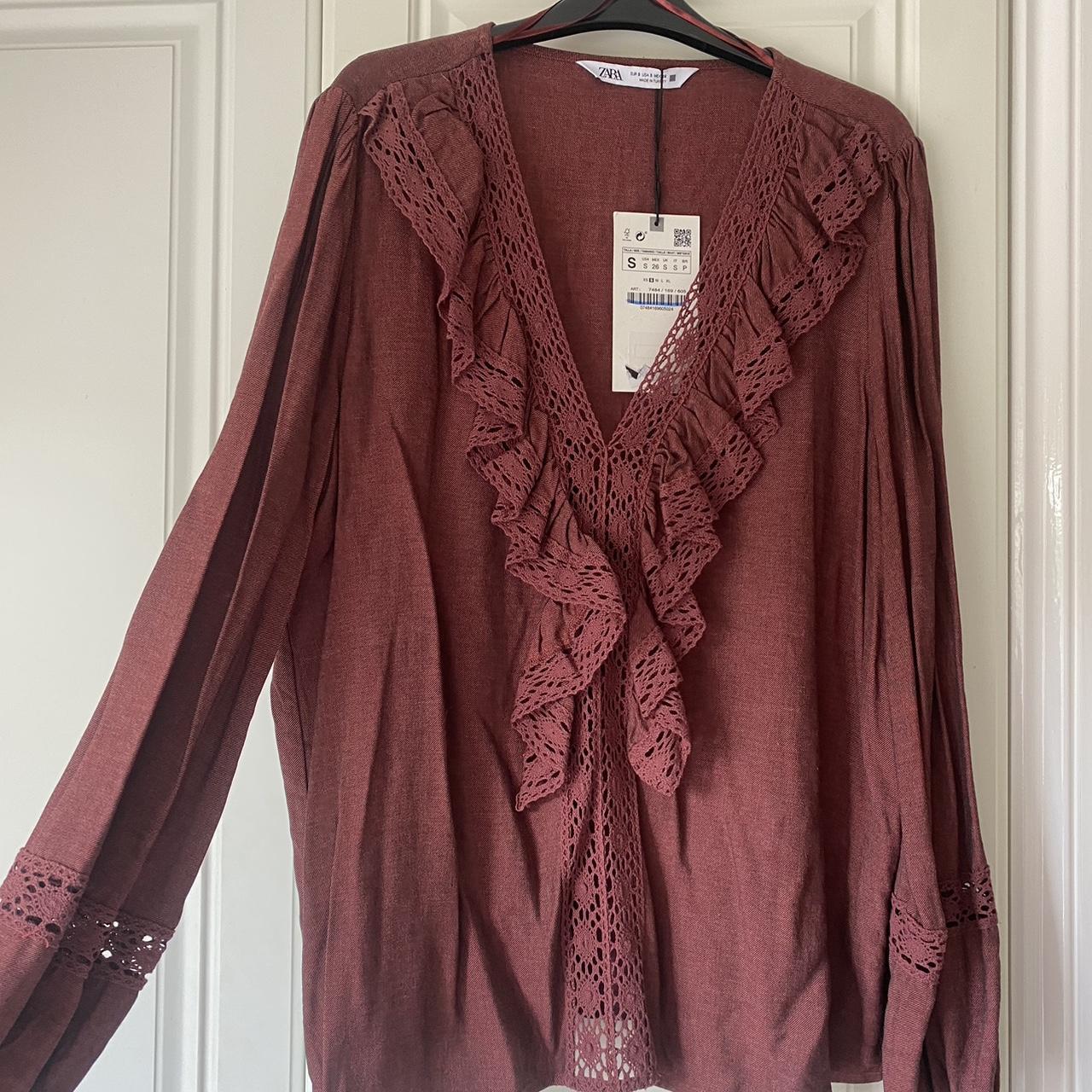 Brand new Zara burgundy ruffle blouse size S - Depop