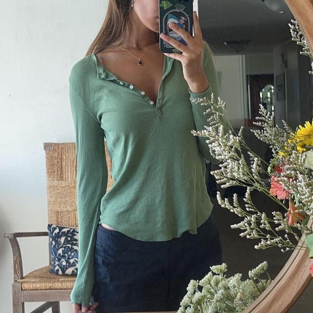Green long sleeve Aerie button up top -size... - Depop