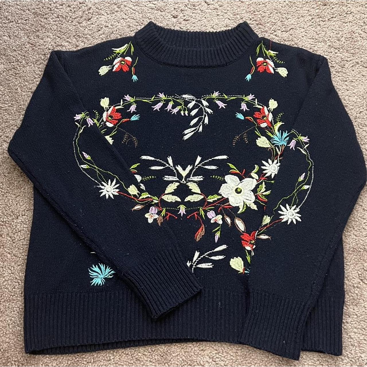 Navy blue embroidered flower crew/sweater. Has some... - Depop