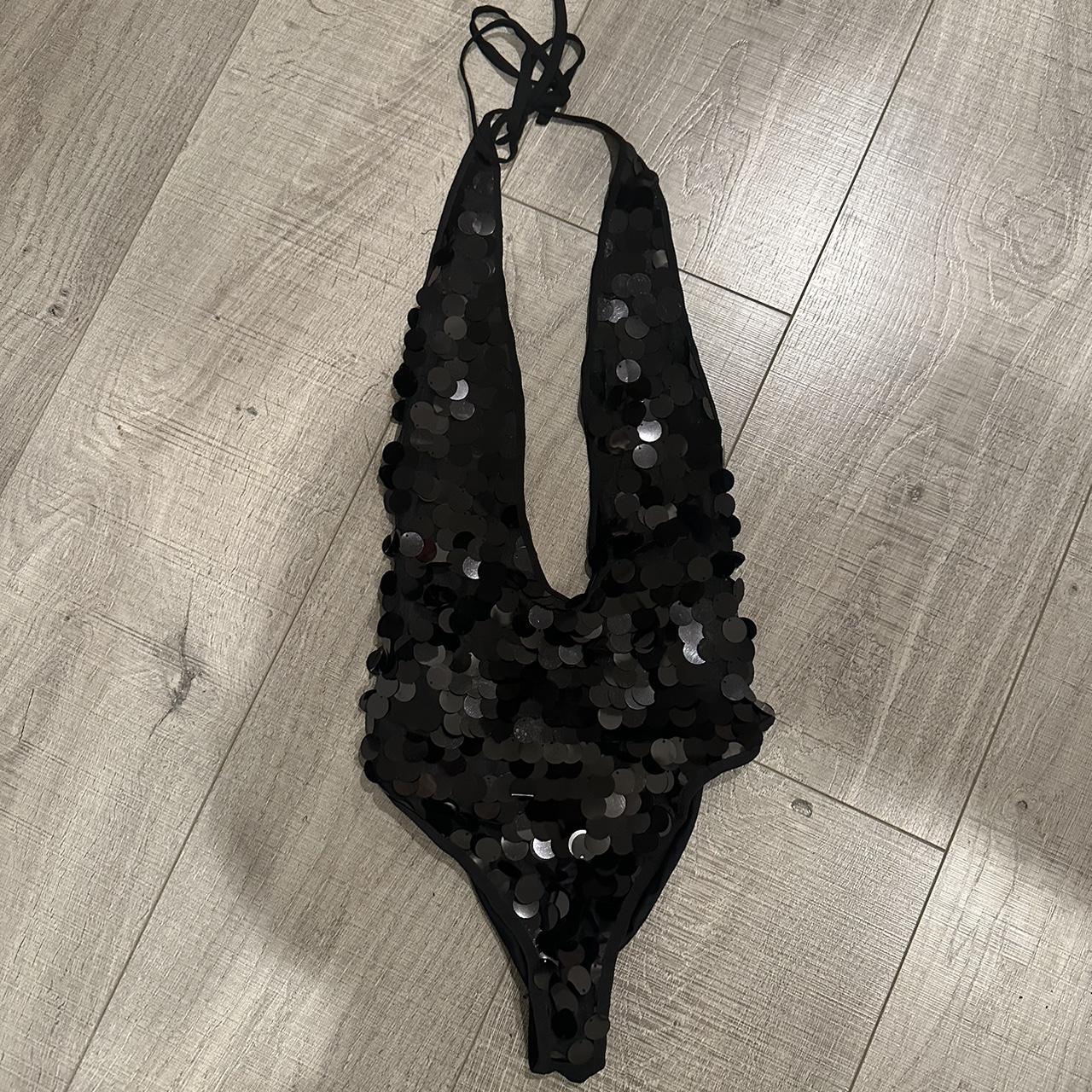 Black sequins deep v neck halter bodysuit Brand new... - Depop