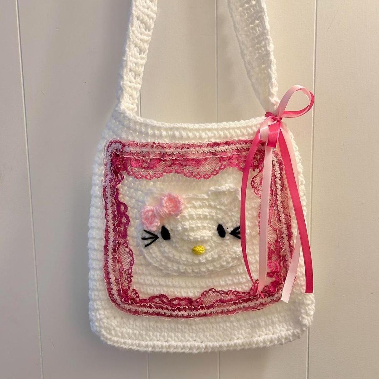 crochet hello kitty bag with lace detail and a... - Depop