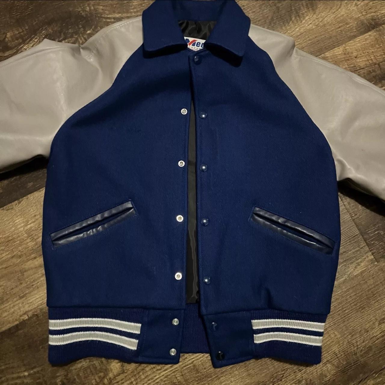 Vintage Blue Blank Varsity Jacket Size... - Depop