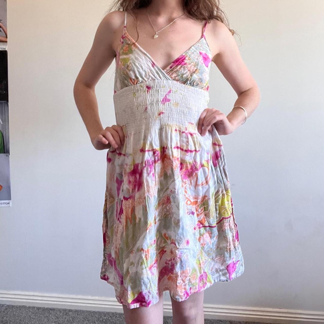 Y2K Floral Sun Dress Ruching, adjustable... - Depop