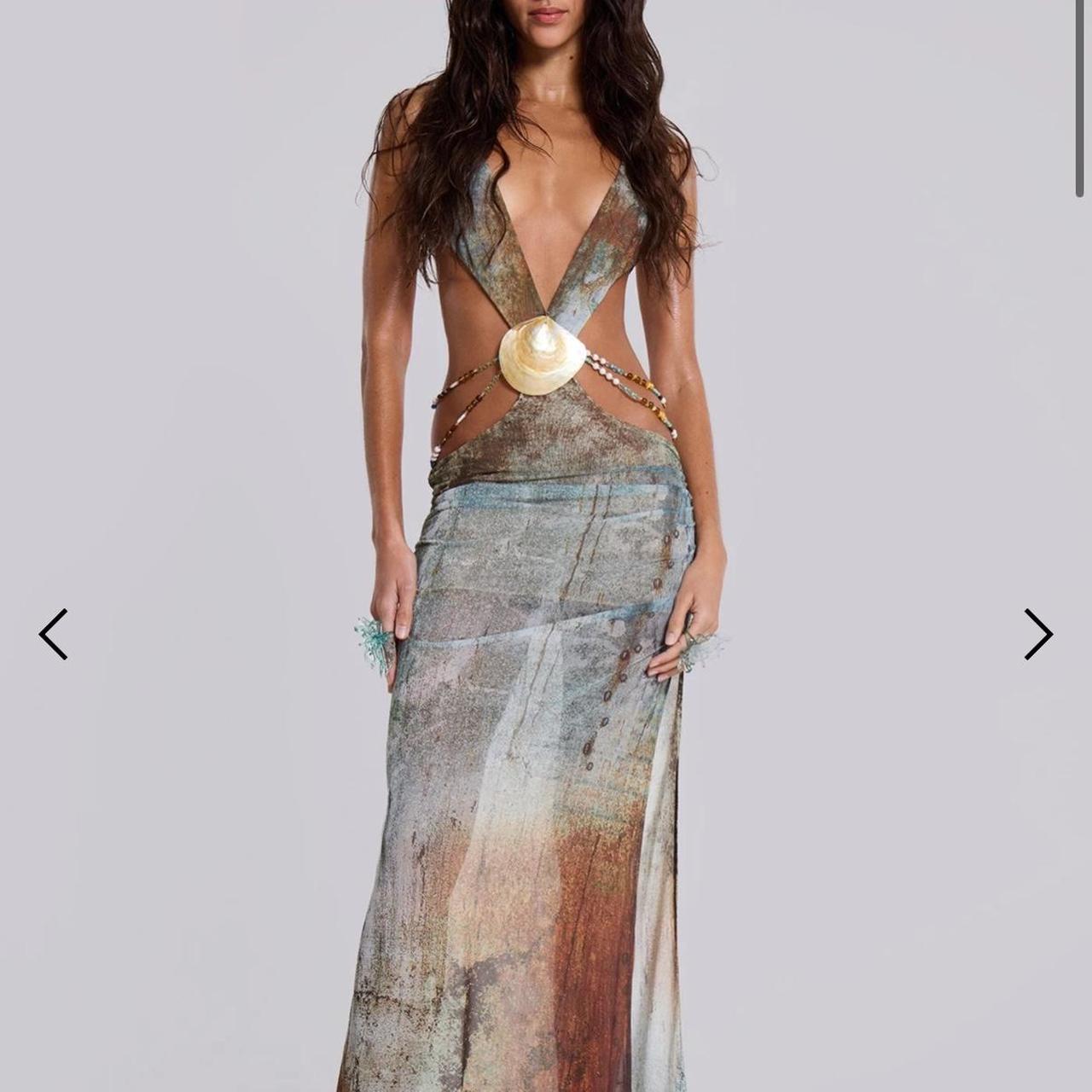 Jaded Ldn Vida Backless Maxi Dress with Shell Trim... - Depop