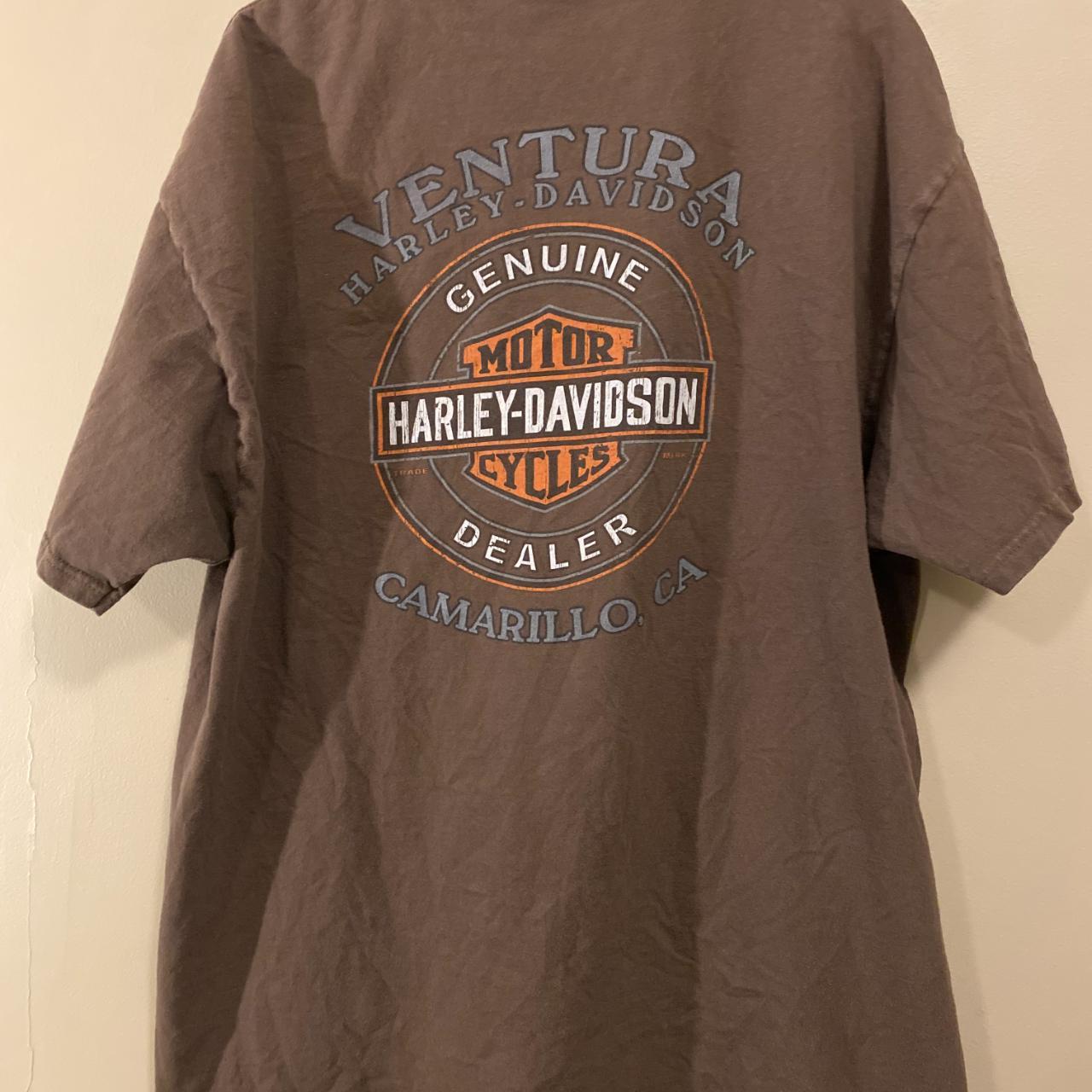 brown harley davidson shirt with flames. down back... - Depop