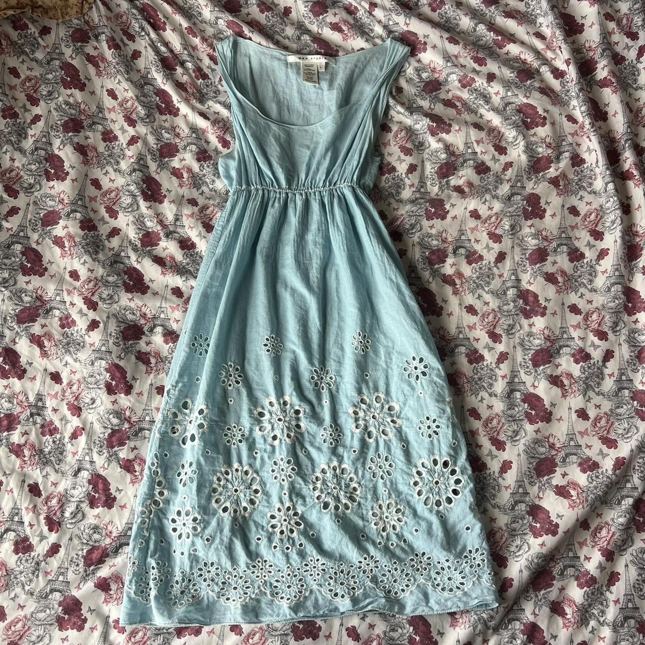 max studio light blue babydoll dress with white... - Depop