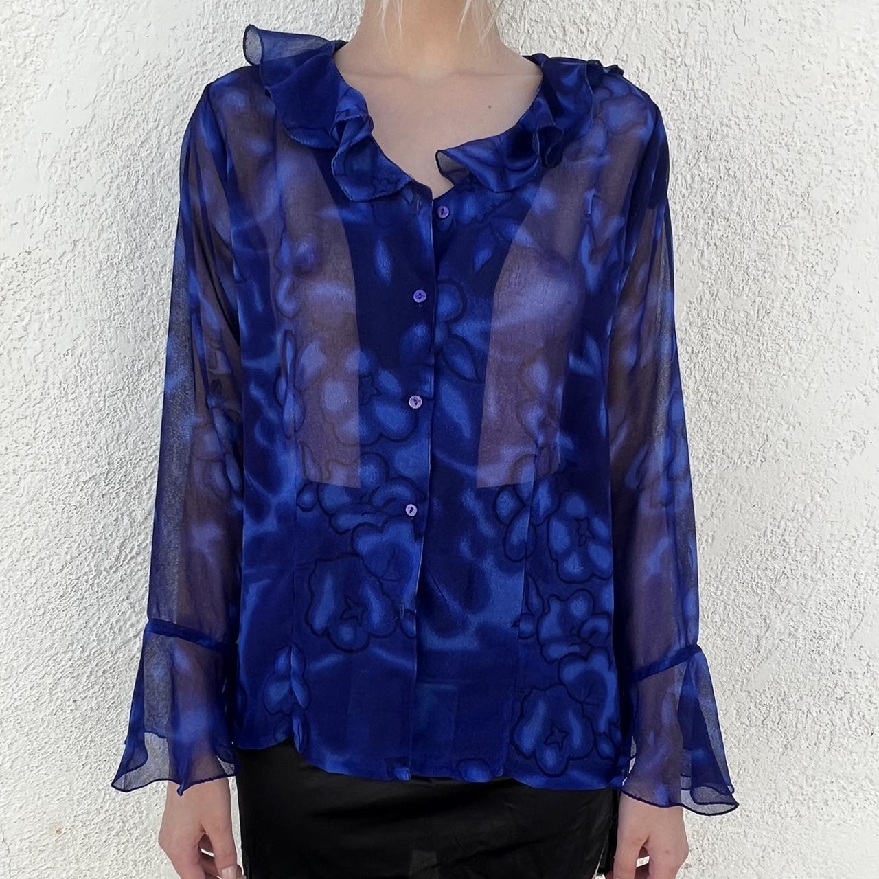 cutie sheer ruffled blue button up top! it has this... - Depop