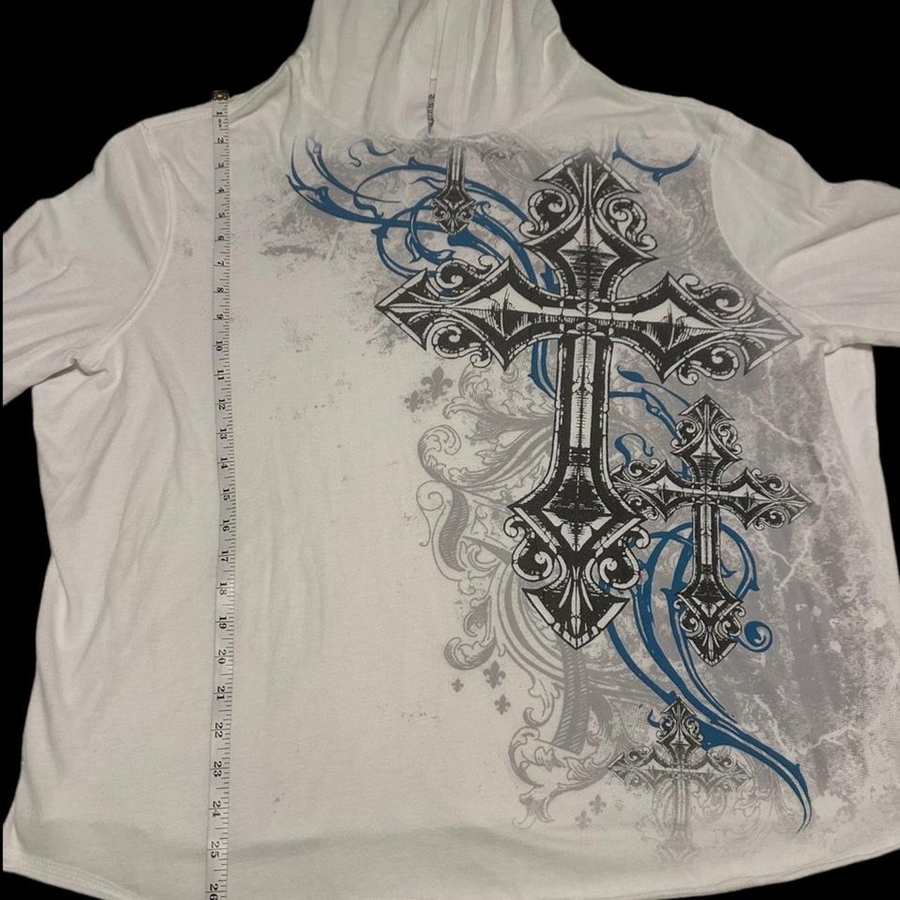white hoodie with sick cross y2k design size... - Depop