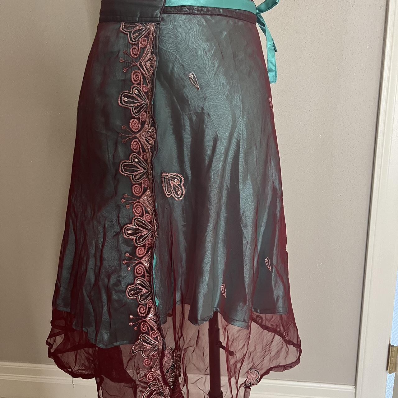 teal satin/red mesh embroidered wrap skirt, fits... - Depop