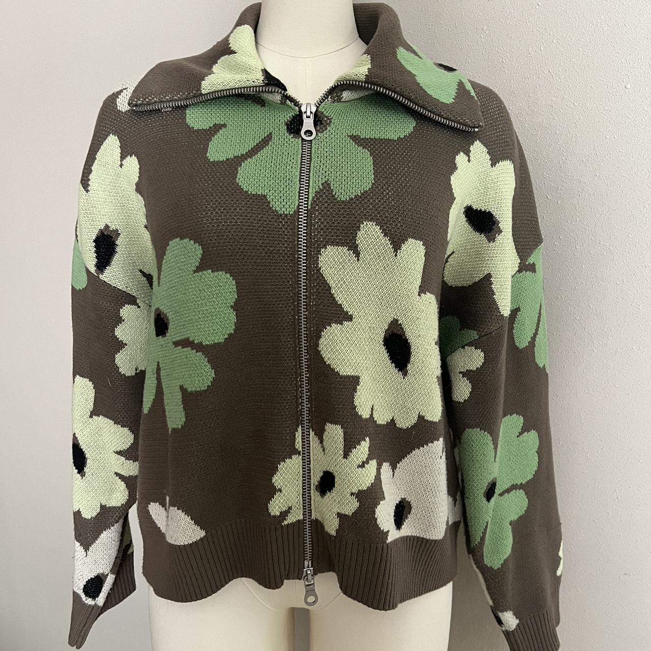 floral knit jacket, double zipper, worn but great... - Depop