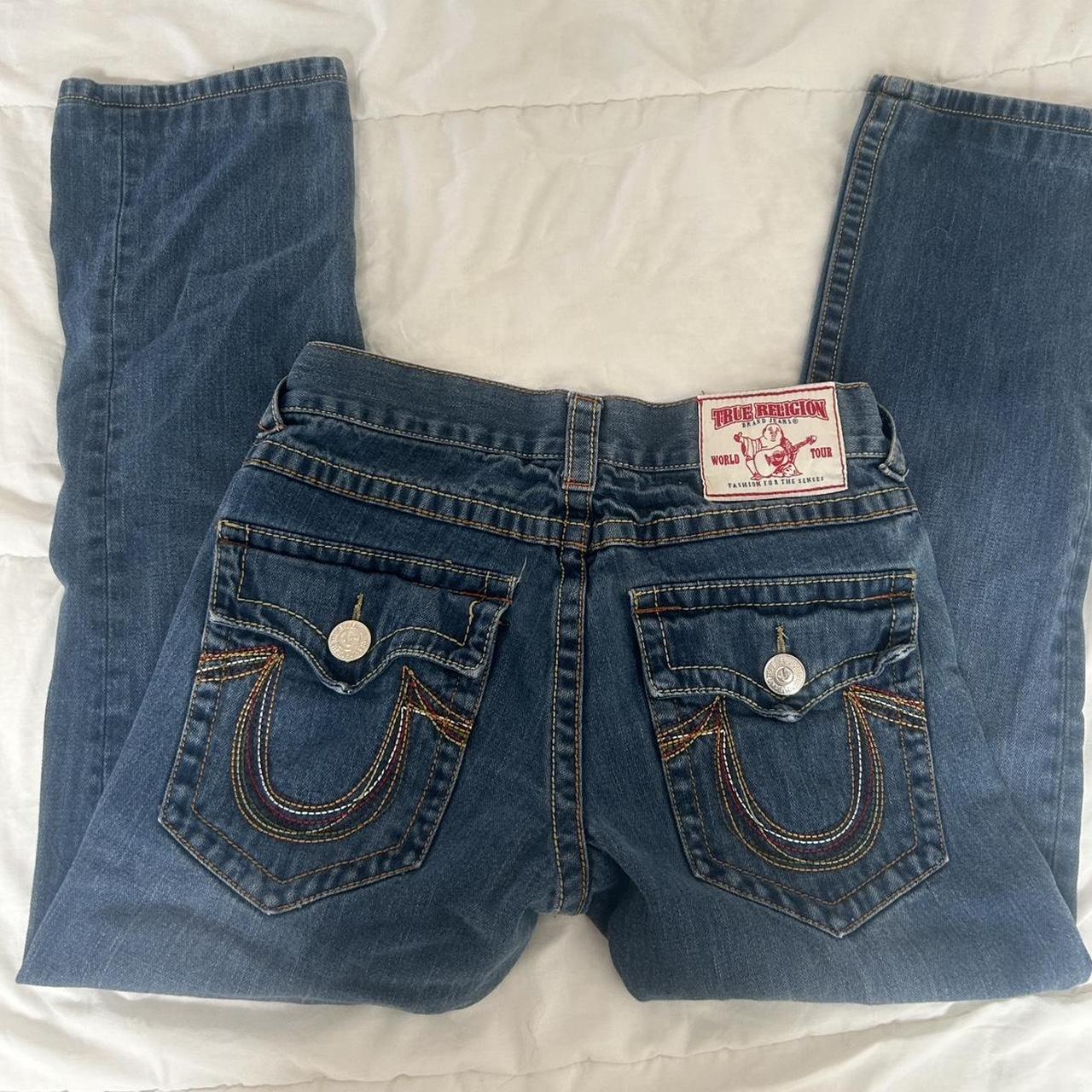 true religion multicolored stitch low rise bootcut... - Depop