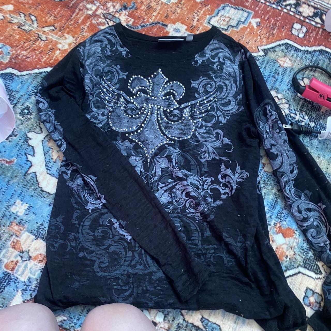 Y2k grunge long sleeve shirt with rhinestones and... - Depop
