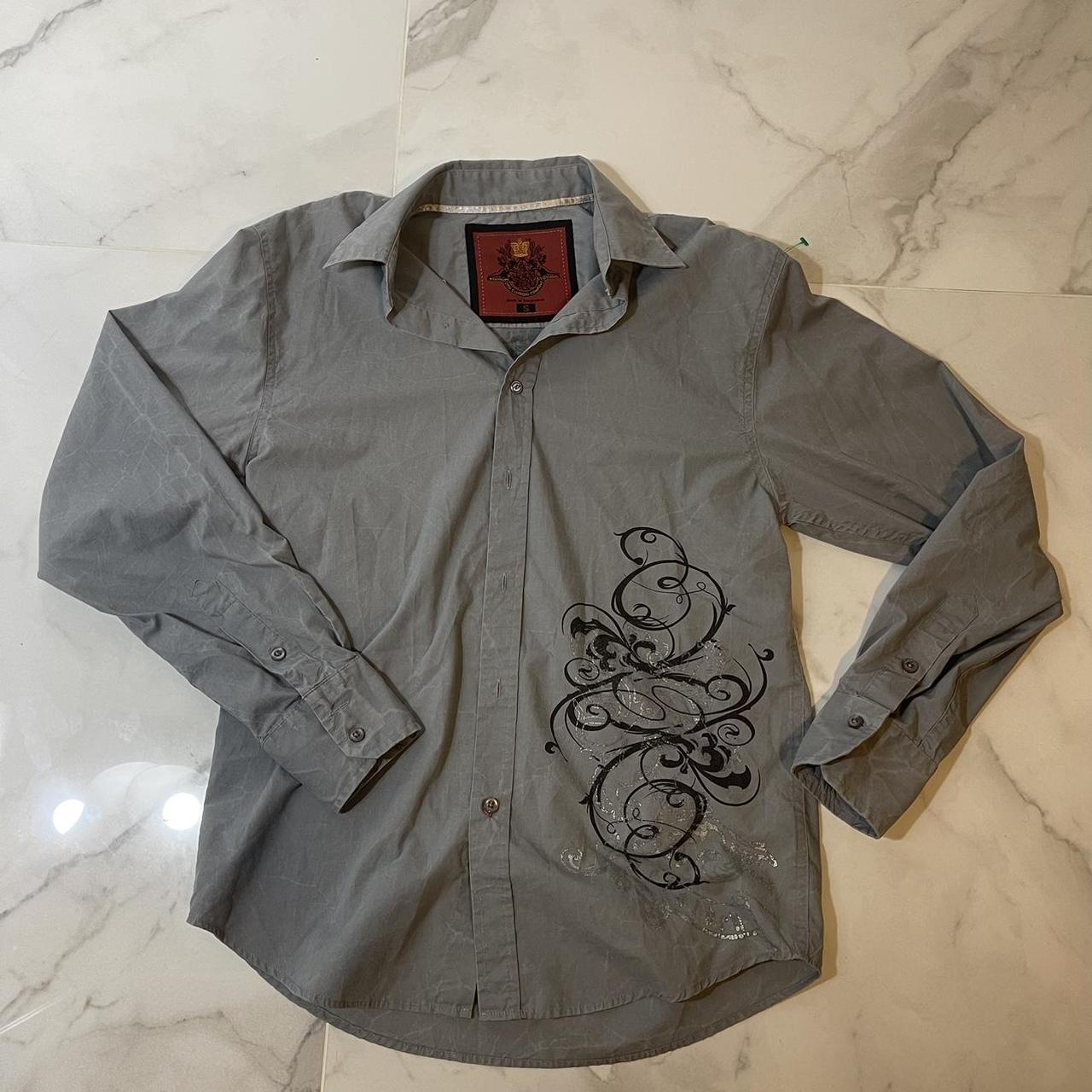 y2k button up with affliction like design on back... - Depop