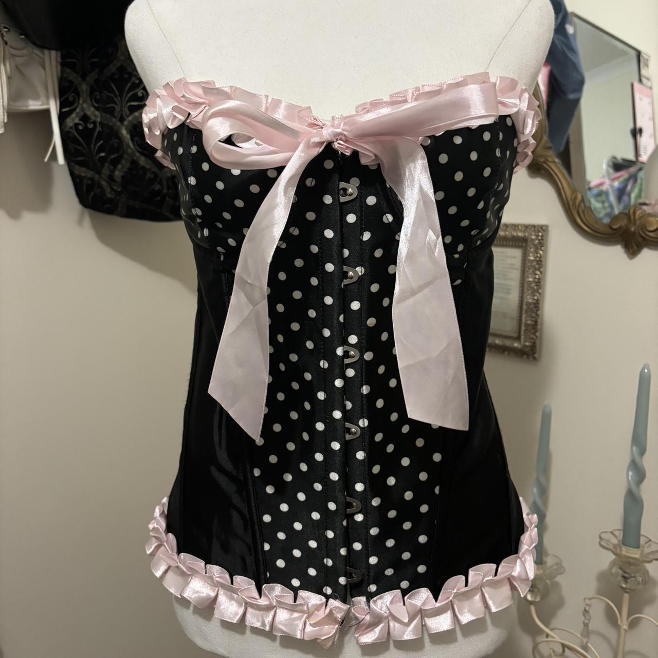Black And Pink Polka Dot Corset Top With Pink Ruffle Depop