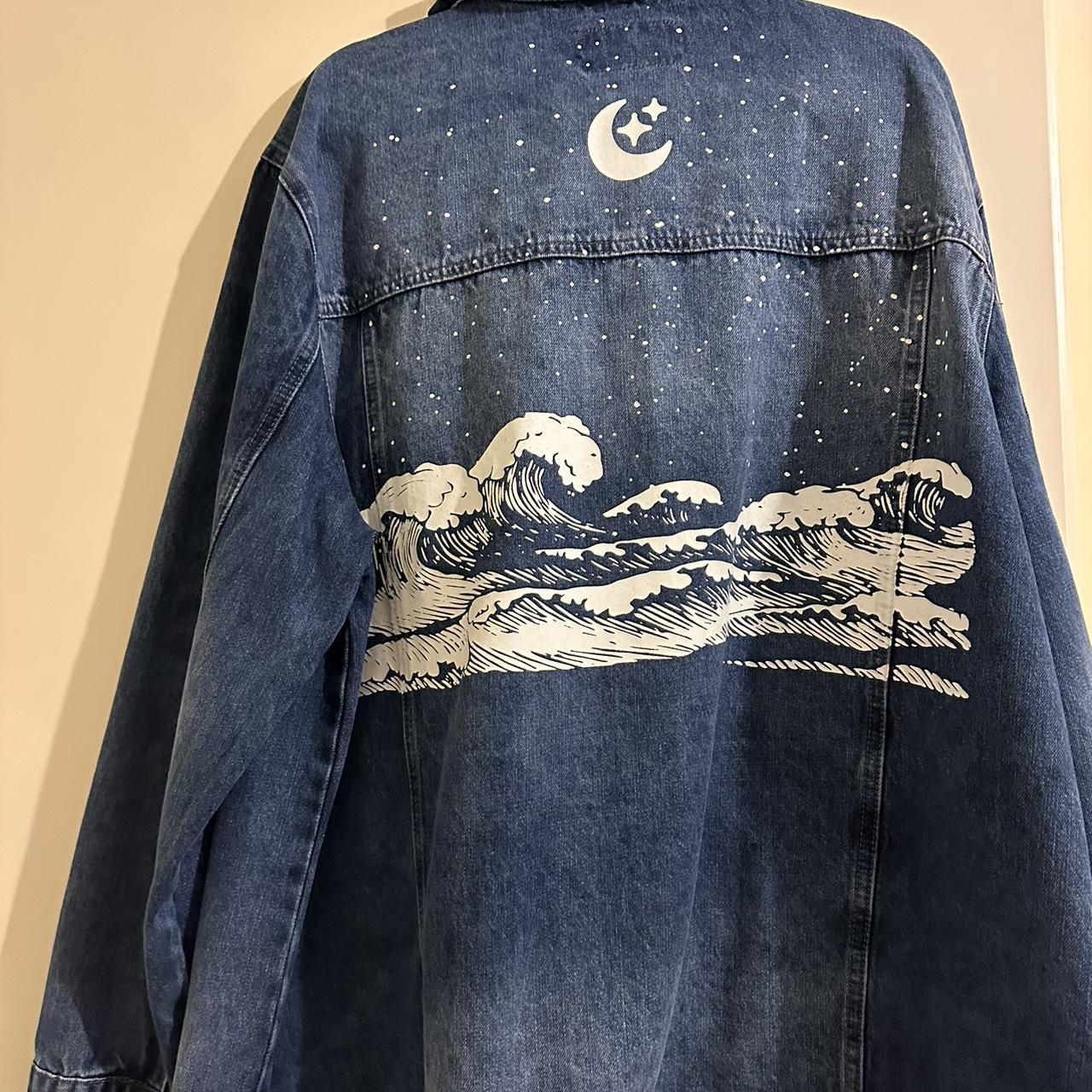 Oversized denim jacket with design on the back and a... - Depop