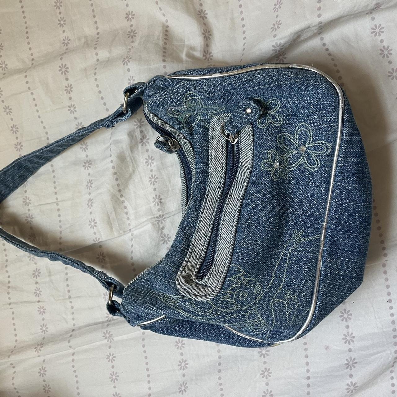 small denim bag with a floral tinkerbell design #y2k... - Depop
