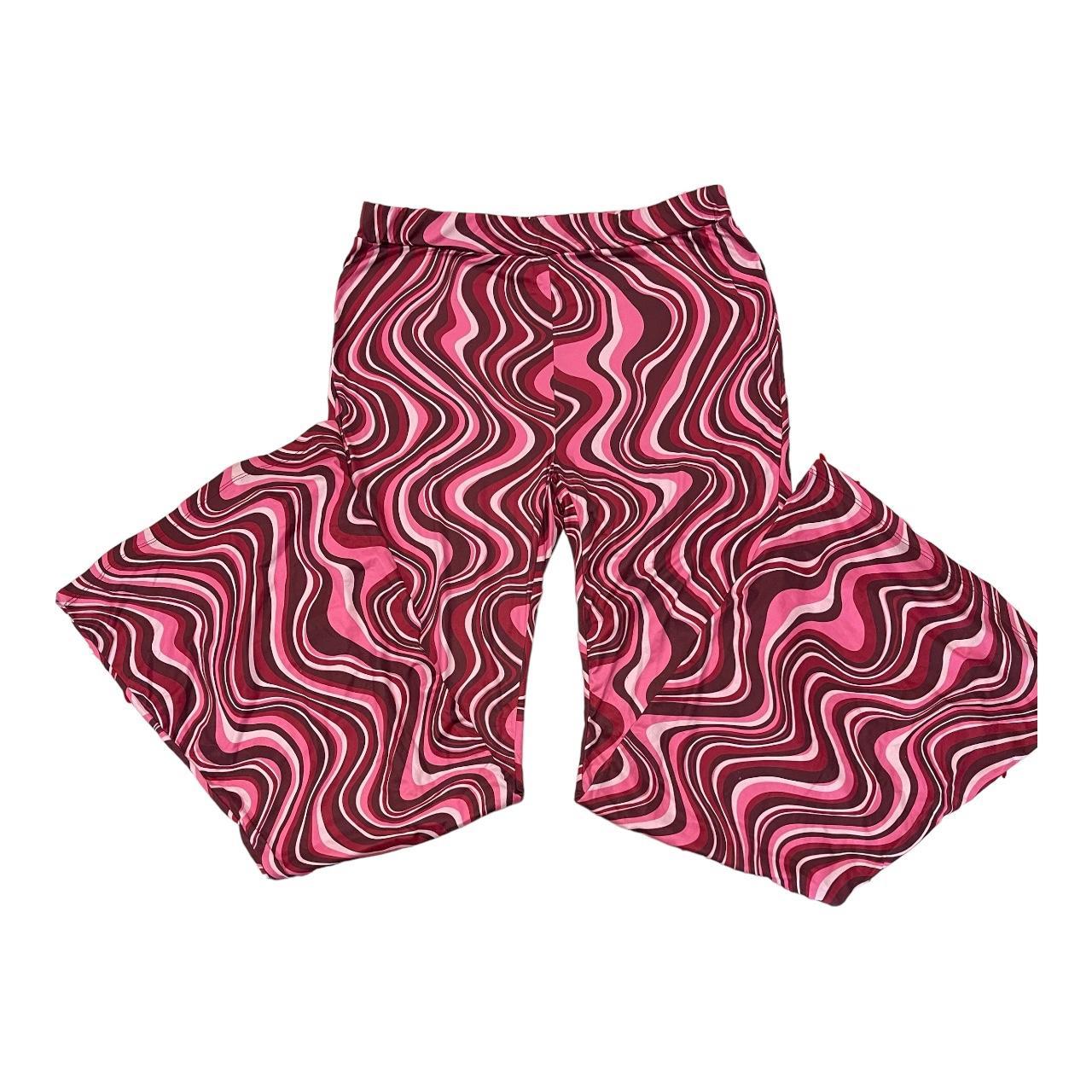pink flare pants, high waisted, stretchy Size:... - Depop
