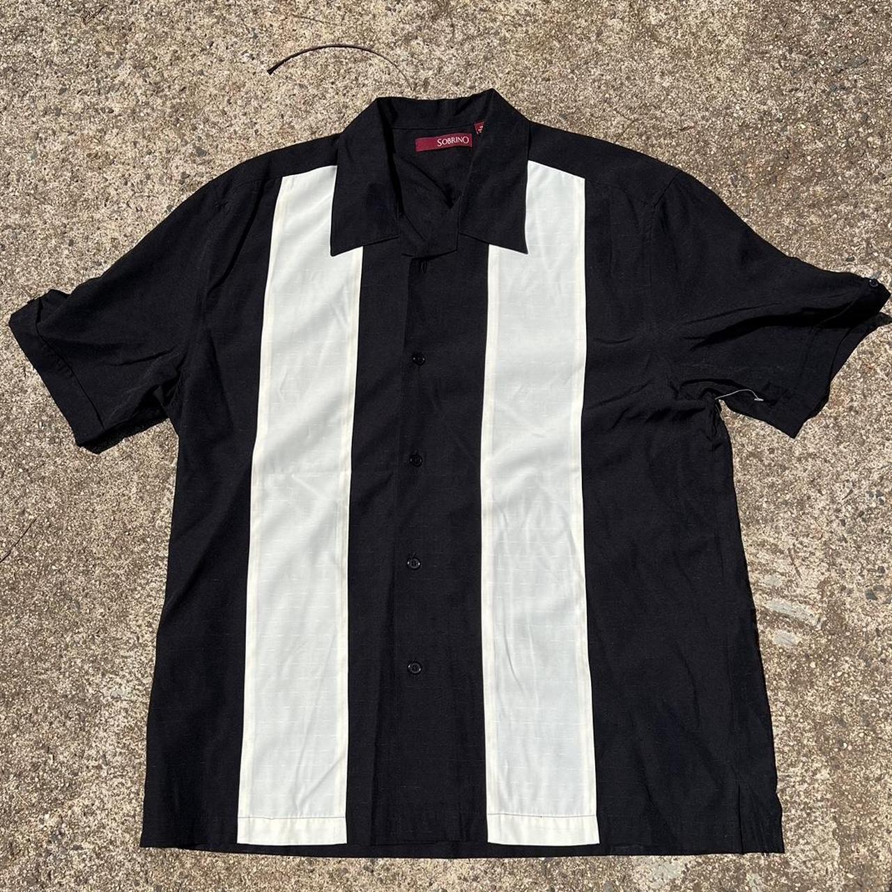 vintage two stripe bowling style shirt tagged L - Depop