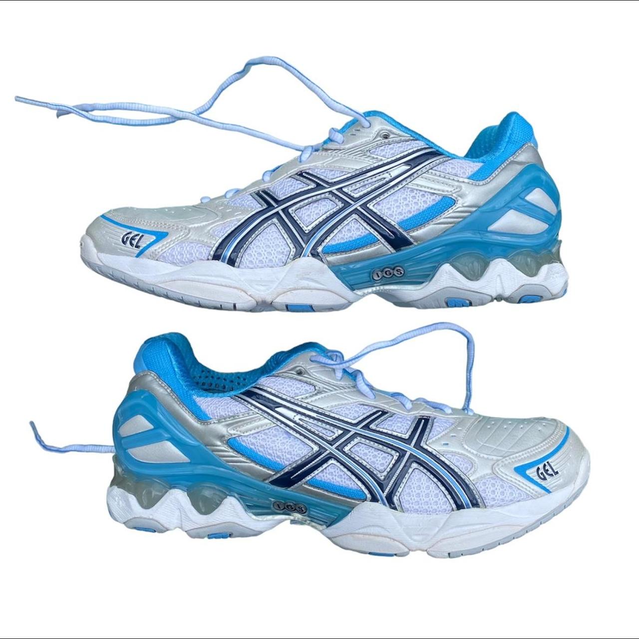 ASICS Women's Blue and White Trainers | Depop