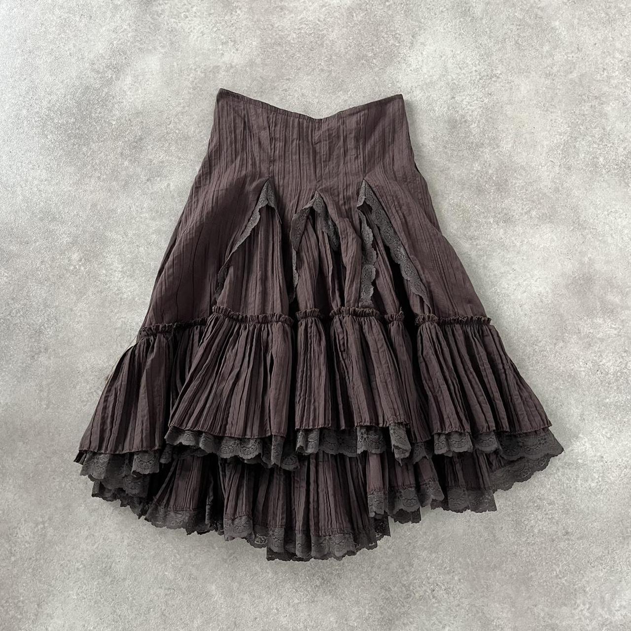Archive brown pleated ruffle skirt with lace... - Depop