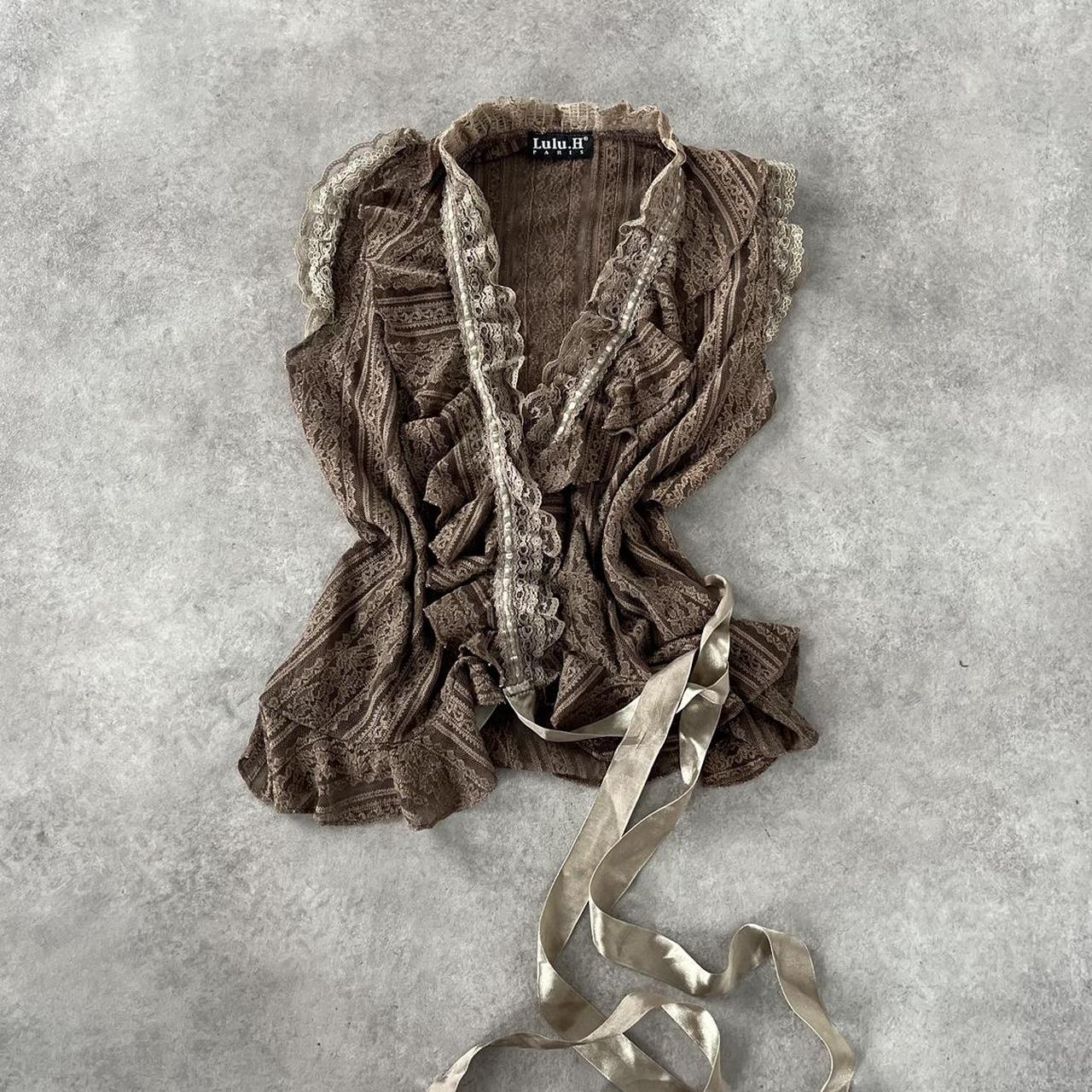 Brown Frilly Lace Tie Vest Sheer Recommend size... - Depop