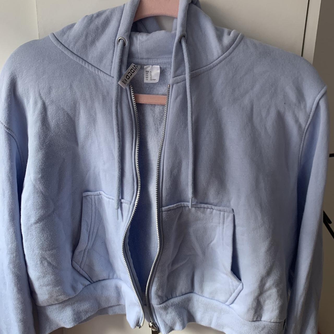 Cropped baby blue hoodie zip up size 14-16 (XL) H&M - Depop