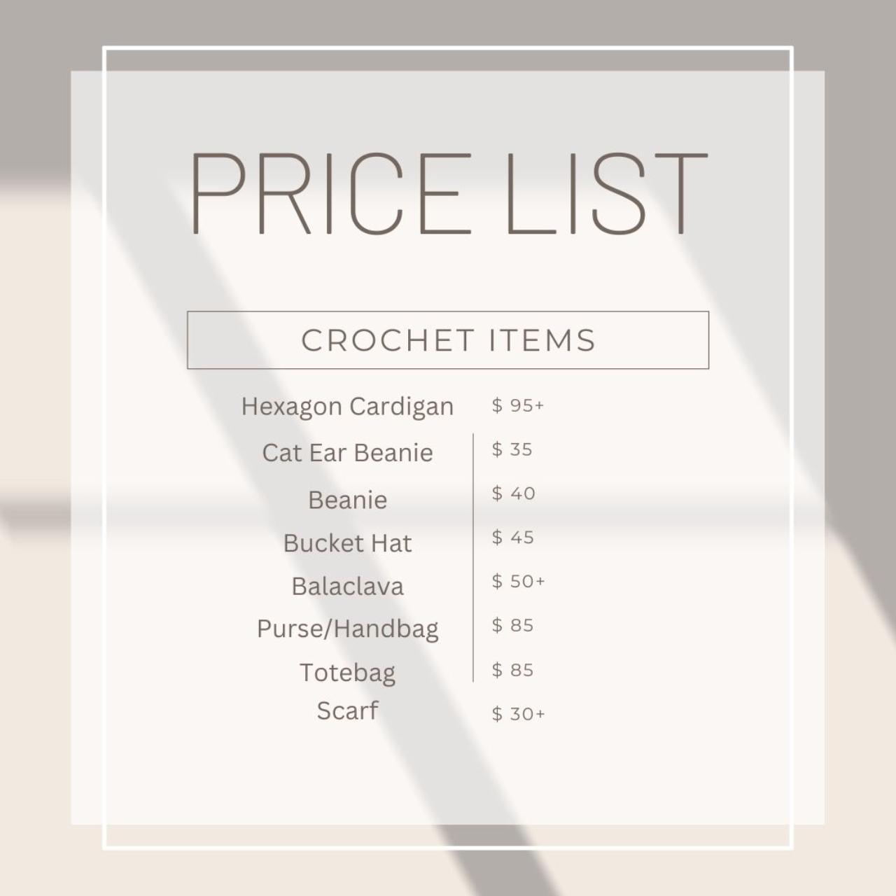 Base price list for my crochet items i custom make.... - Depop