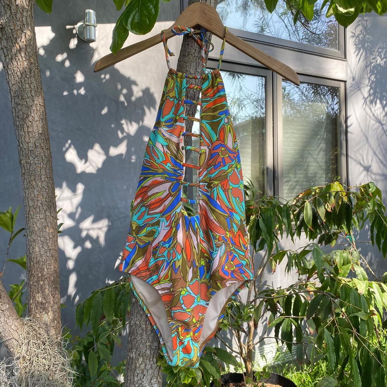 volcom ~ one piece bathing suit vibrant patterned... | Depop