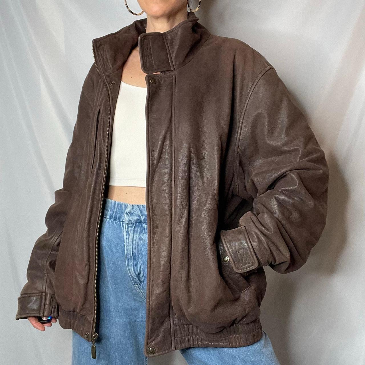 Vintage brown leather distressed bomber jacket coat... | Depop