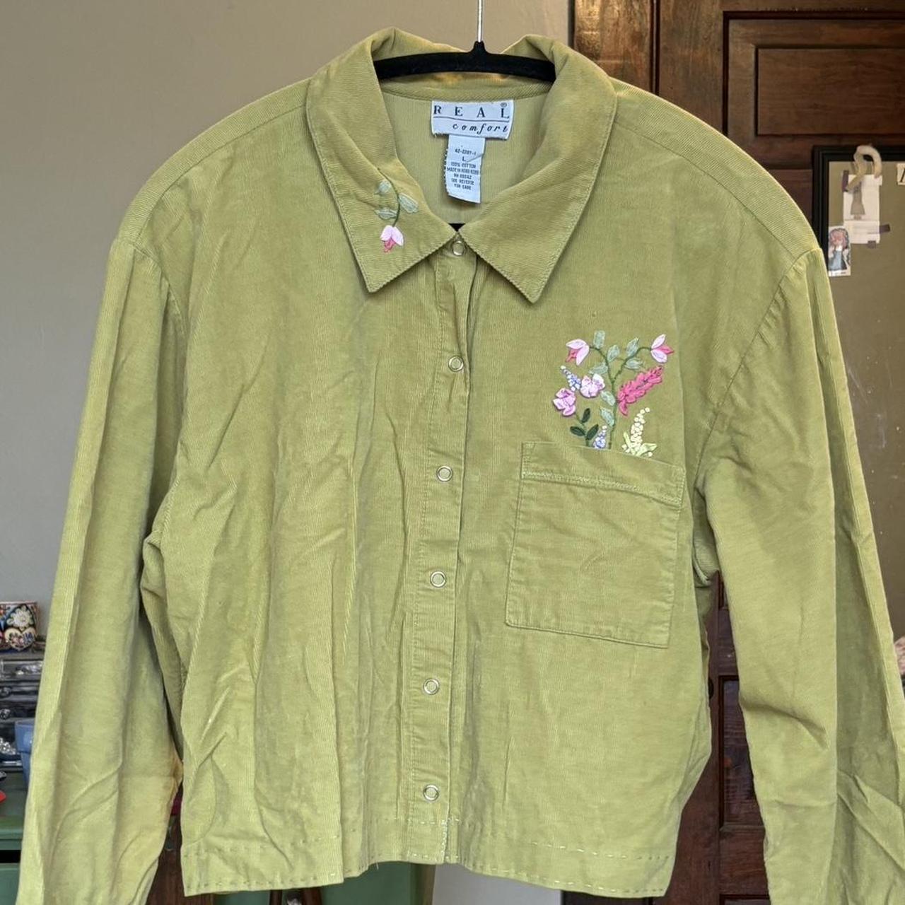 Embroidered flowers green cropped jacket! This is a... - Depop