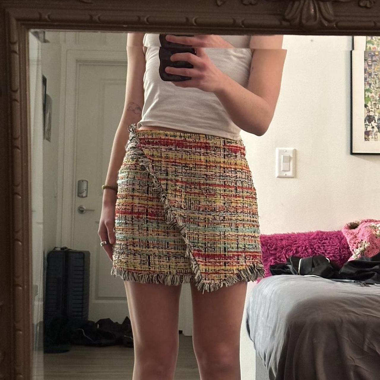 Mini multi-coloured tweed skirt with fringe | Depop