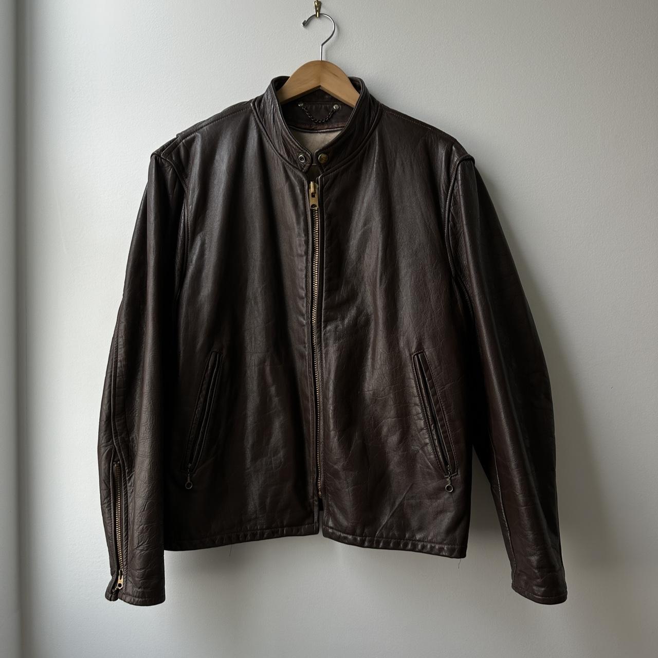 vintage boxy brown leather jacket, very sturdy size... - Depop