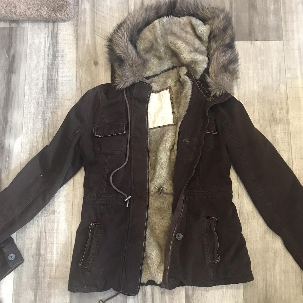 Abercrombie and Fitch fur coat Brown satin like... - Depop