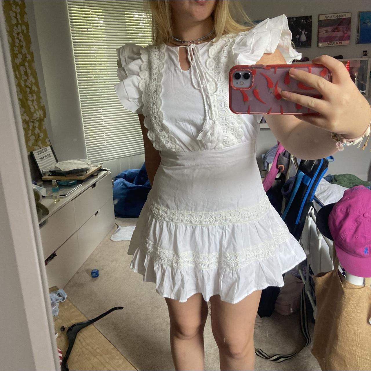 super cute preppy white frilled dress size small... - Depop