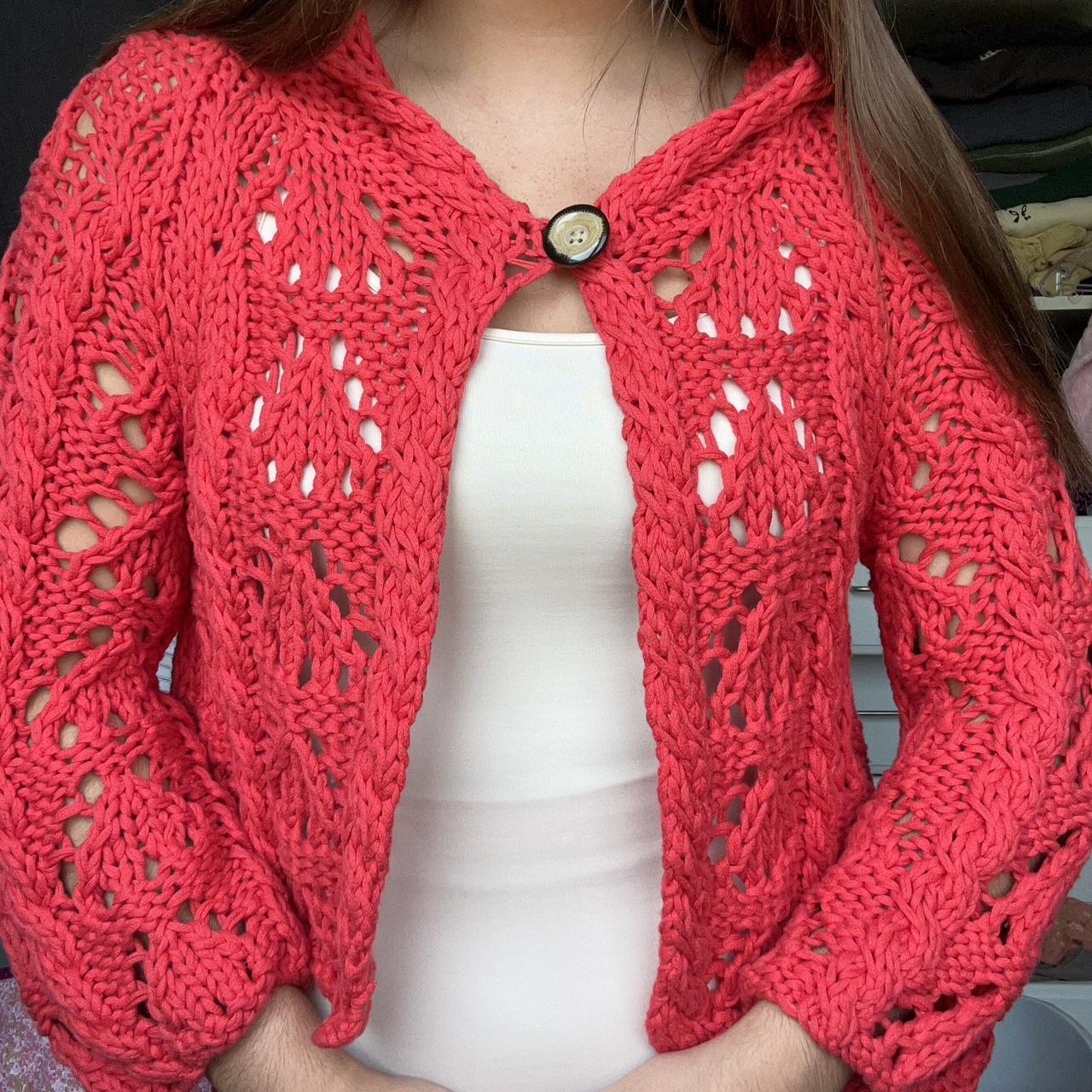 MEDIUM/SMALL red crochet sweater With button... - Depop