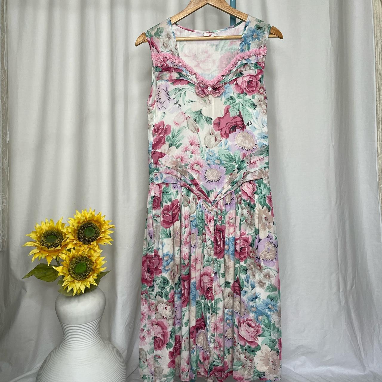 Vintage 80s chintzy floral sundress drop waist with... - Depop