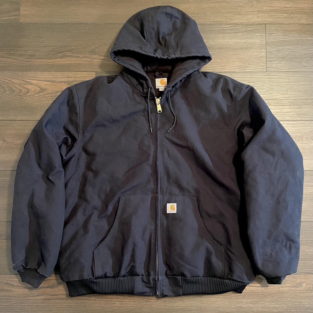 Dark Blue Hooded Carhartt Jacket - blanket lined... - Depop