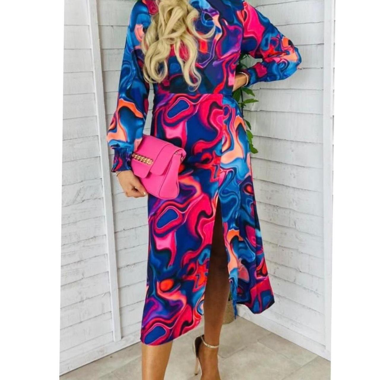 Fab Multi Blue Poppy Dress, size 12, slit as shown... - Depop