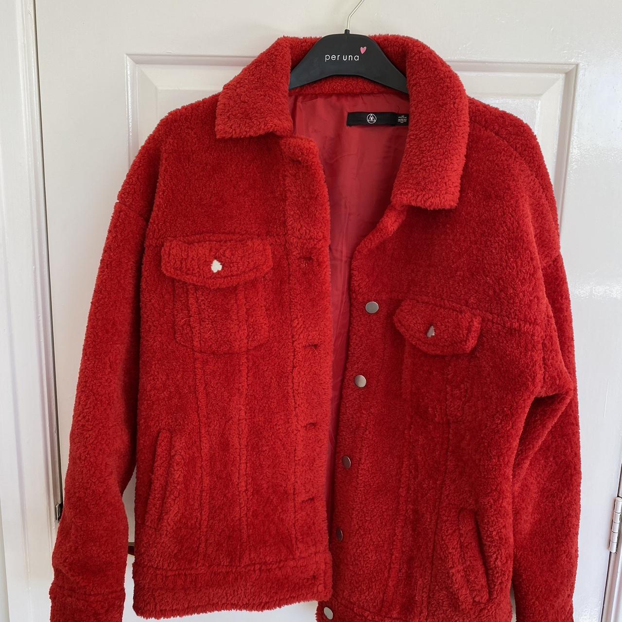 Red borg trucker jacket Size 8 Oversized fit - Depop