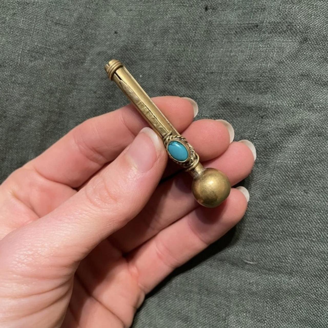 Brass Snorting paraphernalia with turquoise crystal - Depop