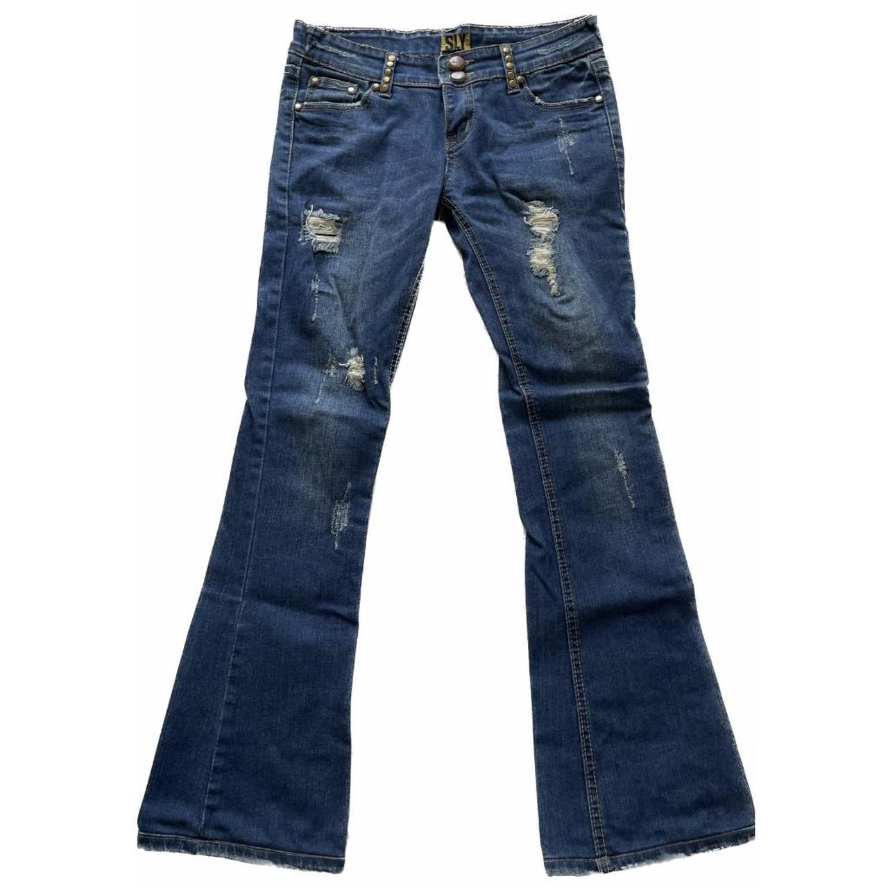SLY vintage dark wash blue distressed skinny flared... | Depop